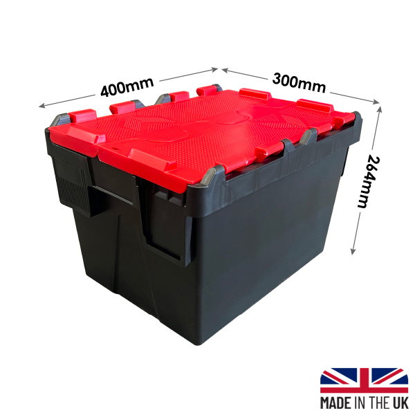 PLAS22/Black/Red Small Attached Lid Container Tote Box (400 x 300 x ...