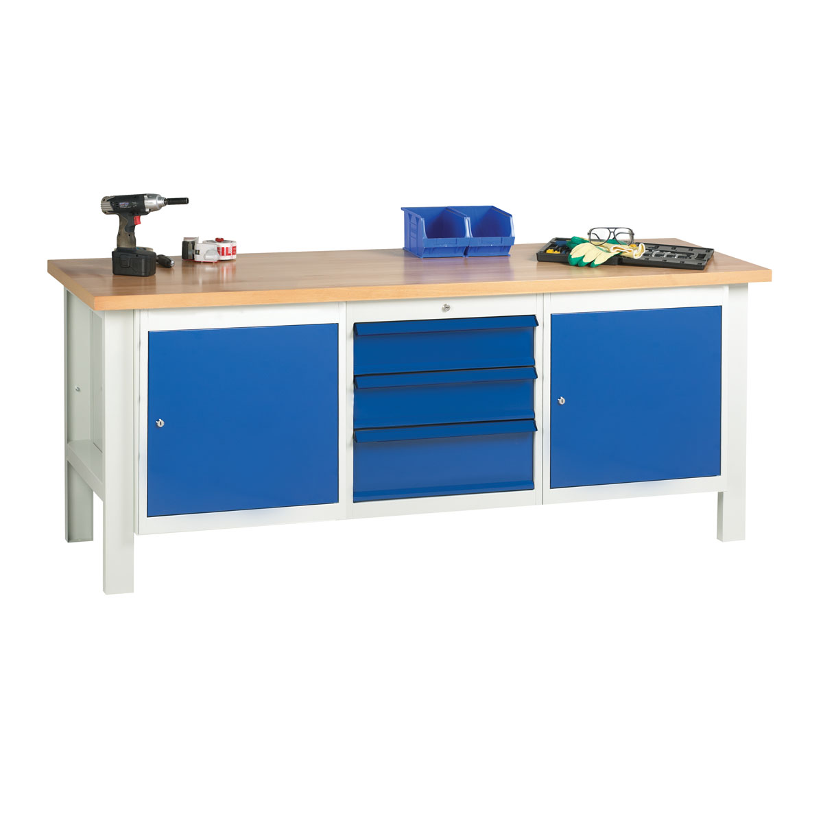 Heavy Duty Workbench (200 kg Capacity) with Beech Veneer Worktop, 3 ...