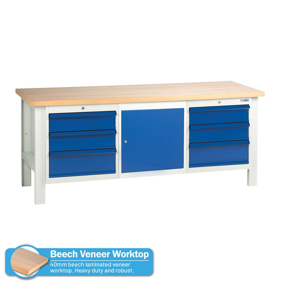 Heavy Duty Workbench (200 kg Capacity) with Beech Veneer Worktop, 2 x 3 Drawer Sets & Cupboard ...